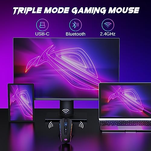 Redragon Wireless Gaming Mouse, Tri-Mode 2.4G/USB-C/Bluetooth Mouse Gaming, 10000 DPI, RGB Backlit, Fully Programmable, Rechargeable Wireless Computer Mouse for Laptop PC Mac, Black