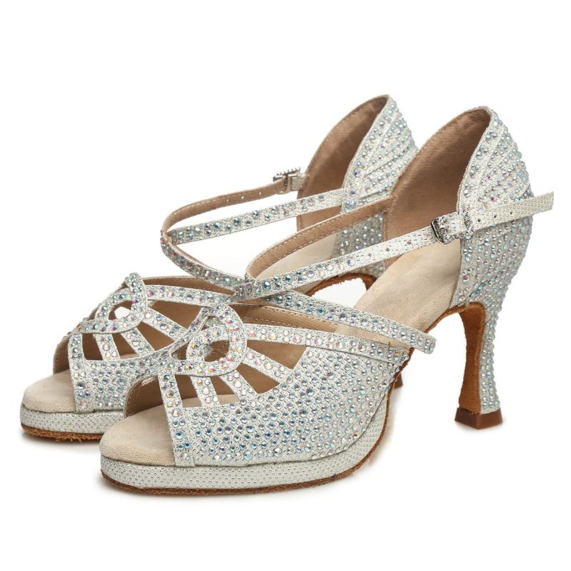 AOQUNFS Rhinestones Latin Dance Shoes Salsa Ballroom Practice Perfermence Dance Shoes for Women, Silver-L458-7.5,US7