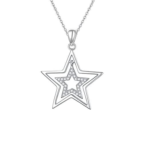 Alphm S925 Sterling Silver Double Stars Necklace Pentagram Pendant Jewelry for Women