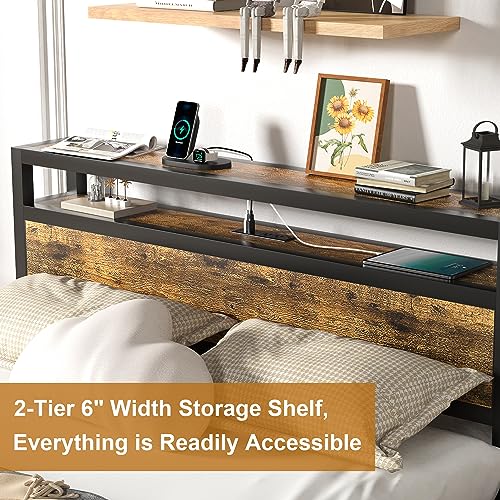 HUEOFGP Queen Bed Frame with 2-Tier Storage Headboard, Metal Platform Bed Frame with Charging Station, Sturdy Heavy Duty Steel, Easy Assembly, No Box Spring Needed