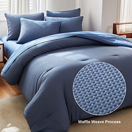 WARMDERN Blue Comforter Set Queen Size Waffle Weave Lightweight Bedding Comforter Sets Soft Microfiber Down Alternative Comforter 7 Pieces Bed in A Bag All Season(Blue, Queen)