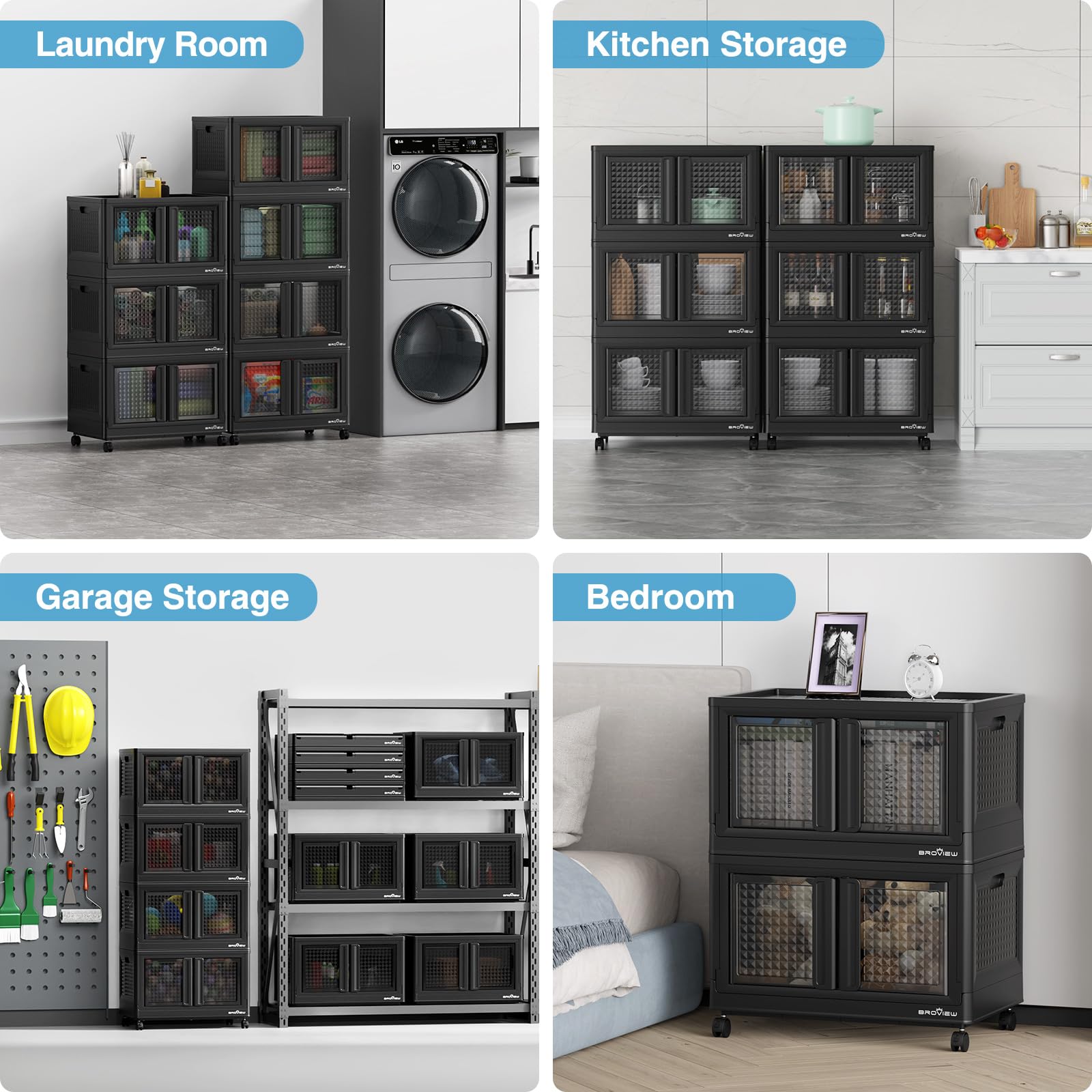 BROVIEW 320Qt Stackable Storage Bins with Lids, 80Gal Plastic Collapsible Storage Bins with Doors and Wheels, Closet Organizers and Storage, Black Folding Storage Cabinet for Home Garage, 4 Pack Cube