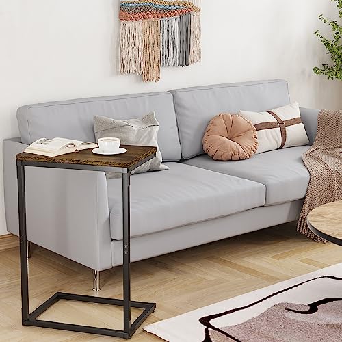 Fixwal C-Shaped End Table, Side Table for Sofa, Vintage Accent Couch Table with Metal Frame for Coffee Snack Laptop