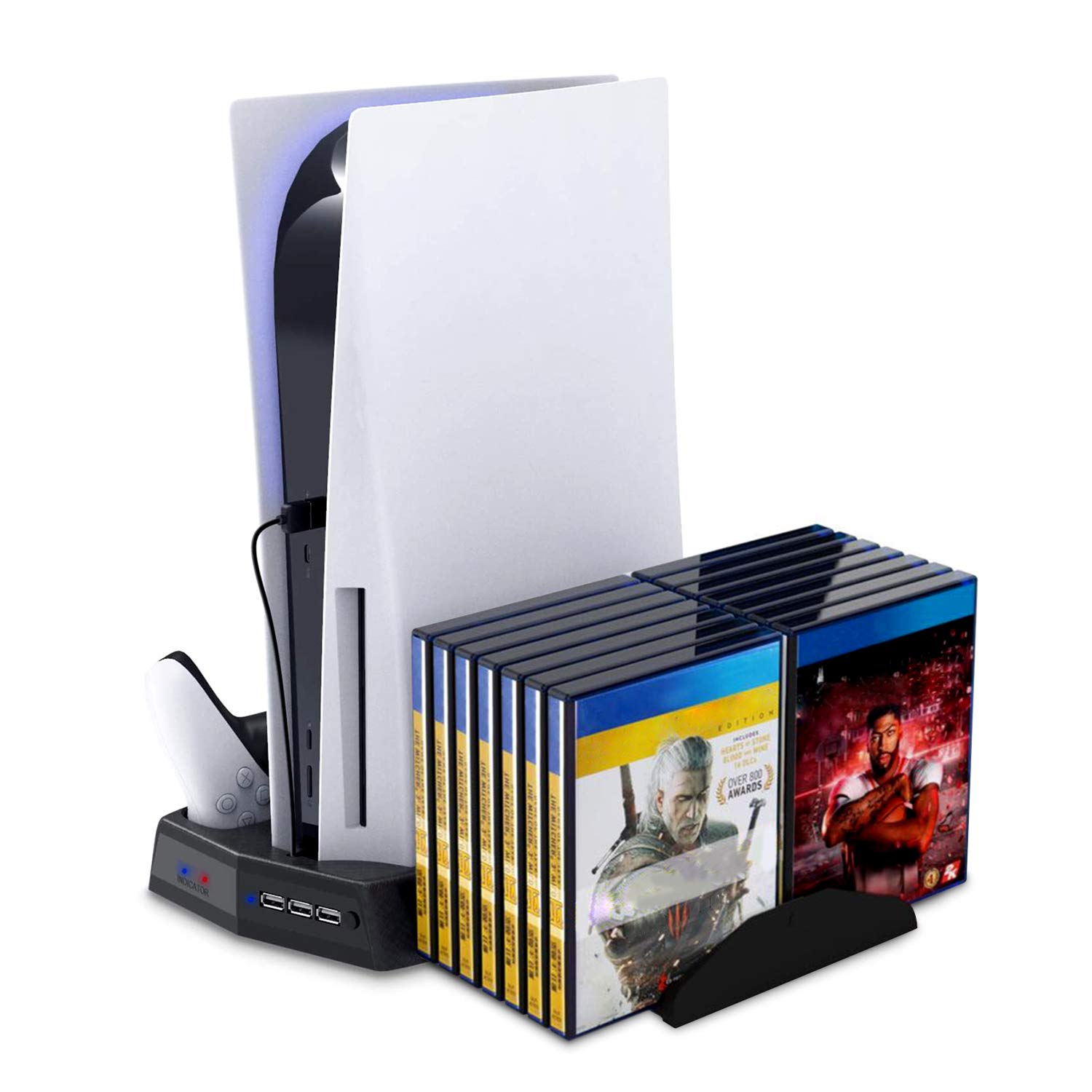 Autker Vertical Stand Cooling Fan Station for Playstation 5 Digital Edition/Ultra HD, PS5 Stand with 14 Retractable Game Slots & Dual Controller Charging Dock & Organizer USB Ports & LED Indicators