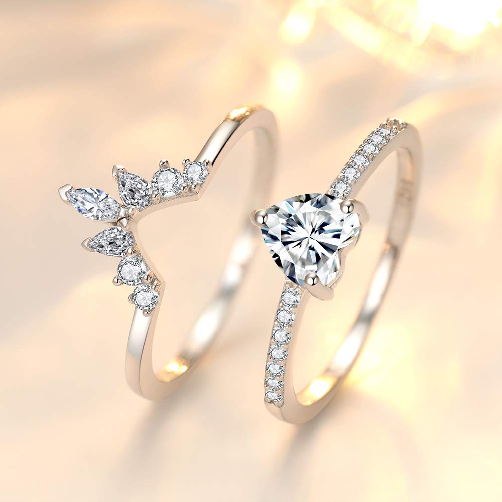 Angol Heart Wedding Ring Set for Women 925 Sterling Silver Wedding Bridal Set Engagement Anniversary Valentines Day Gift for Her Cubic Zirconia Diamond Crown Ring with Box Size 7