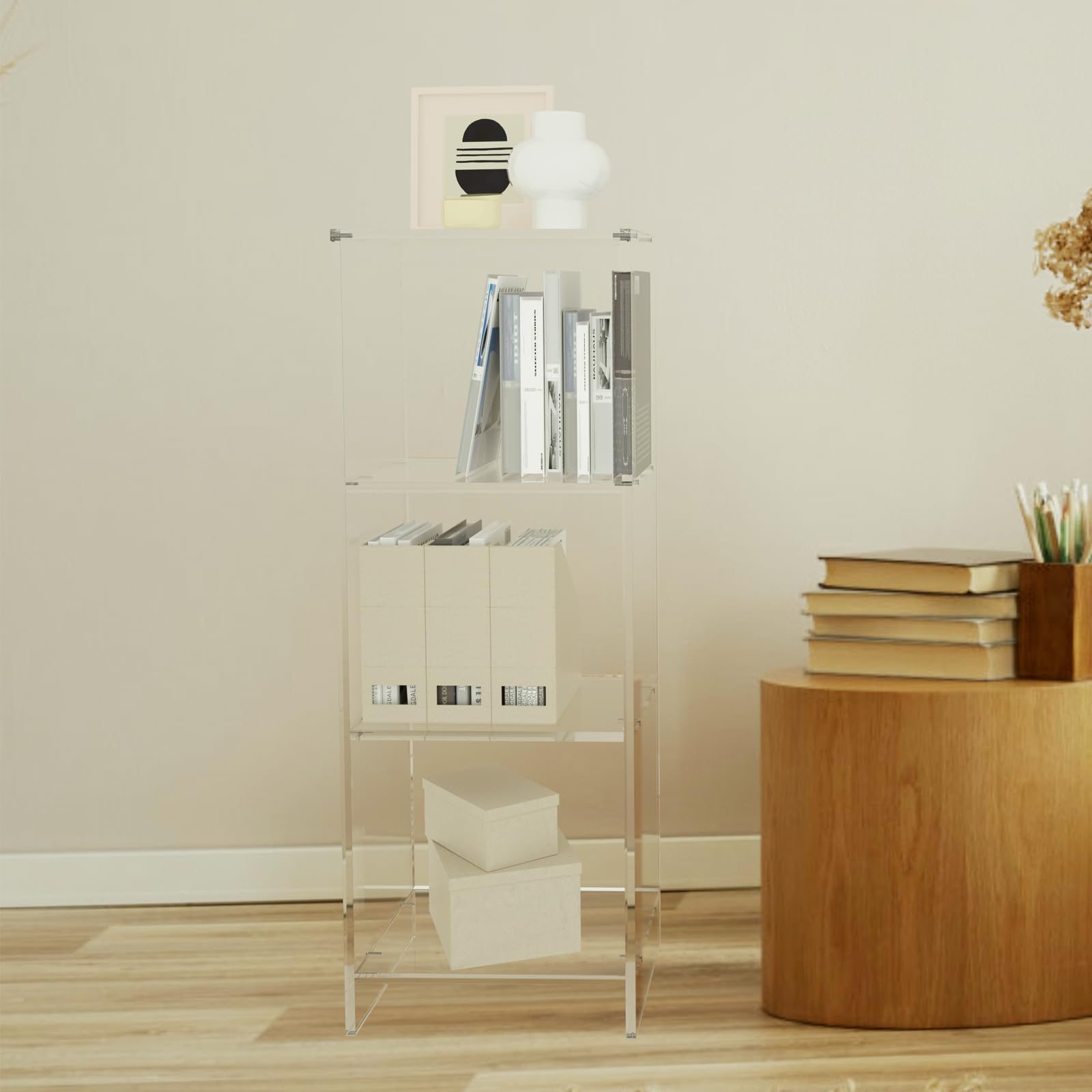 Nalwort Clear Acrylic Bookcase, 3-Tier Cube Storage Bookshelf, Modern Standing Display Bookshelf 31.5" Tall, Narrow Bookcase, Sturdy Open Book Shelf for Office, Living Room, Bedroom