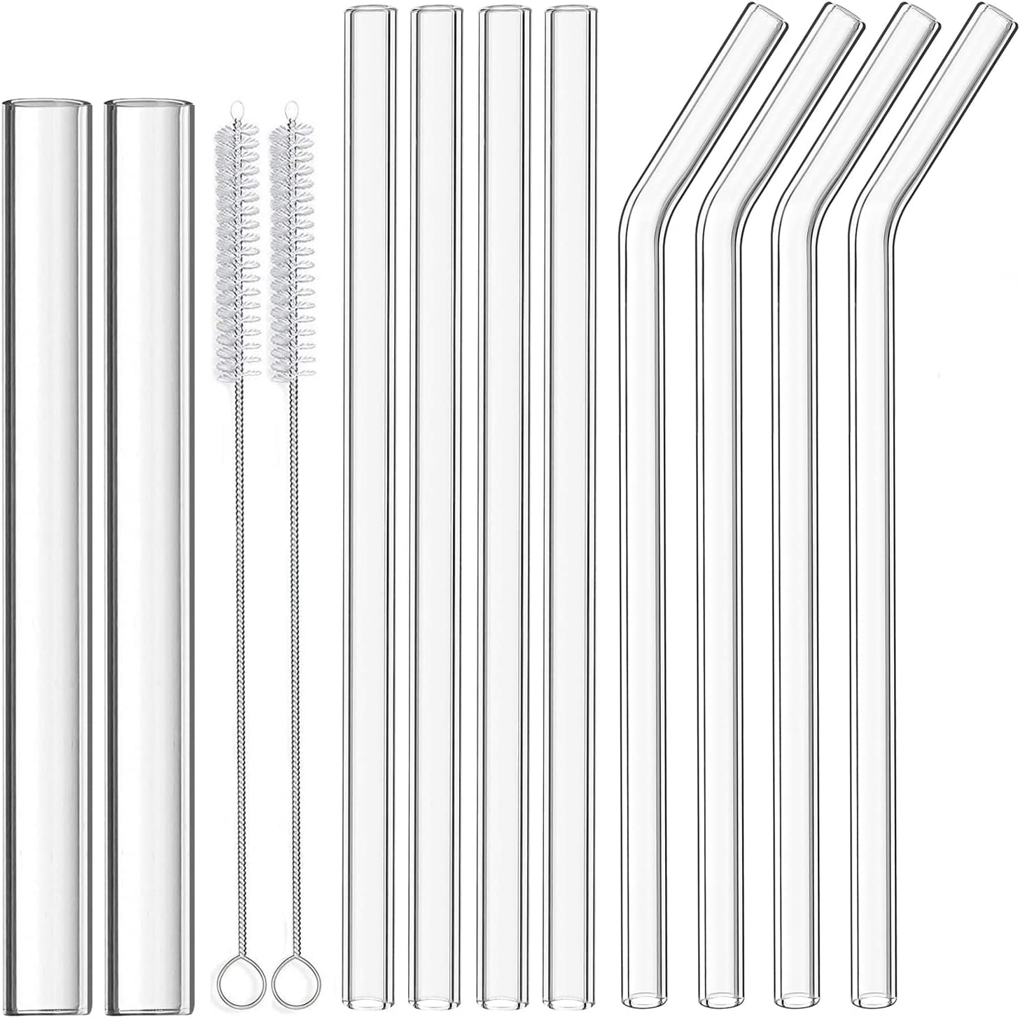 ALINK Reusable Glass Straws, 2PCS Large Clear Glass Boba Straws, 8PCS Wide Smoothie Straws for Bubble Tea, Milkshakes, Popping Tapioca Pearls with 2 Cleaning Brush