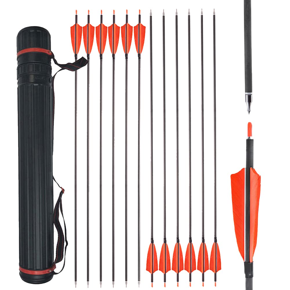 AMEYXGS 6/12 Pcs 34 Inch Archery Carbon Arrows 400 Spine Hunting Compound Arrows with 4β Turkey Feather Target Practice Arrow for Compound and Recurve Bow (Orange set, 12 pcs)