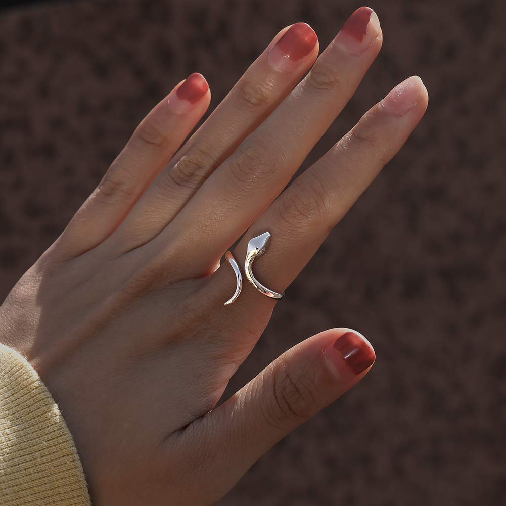 Angol Sterling Silver Adjustable Snake Cool Rings 925 Silver Minimalist Slytherin Snake Animal Statement Stacking Finger Ring for Women Teens with Gift Box