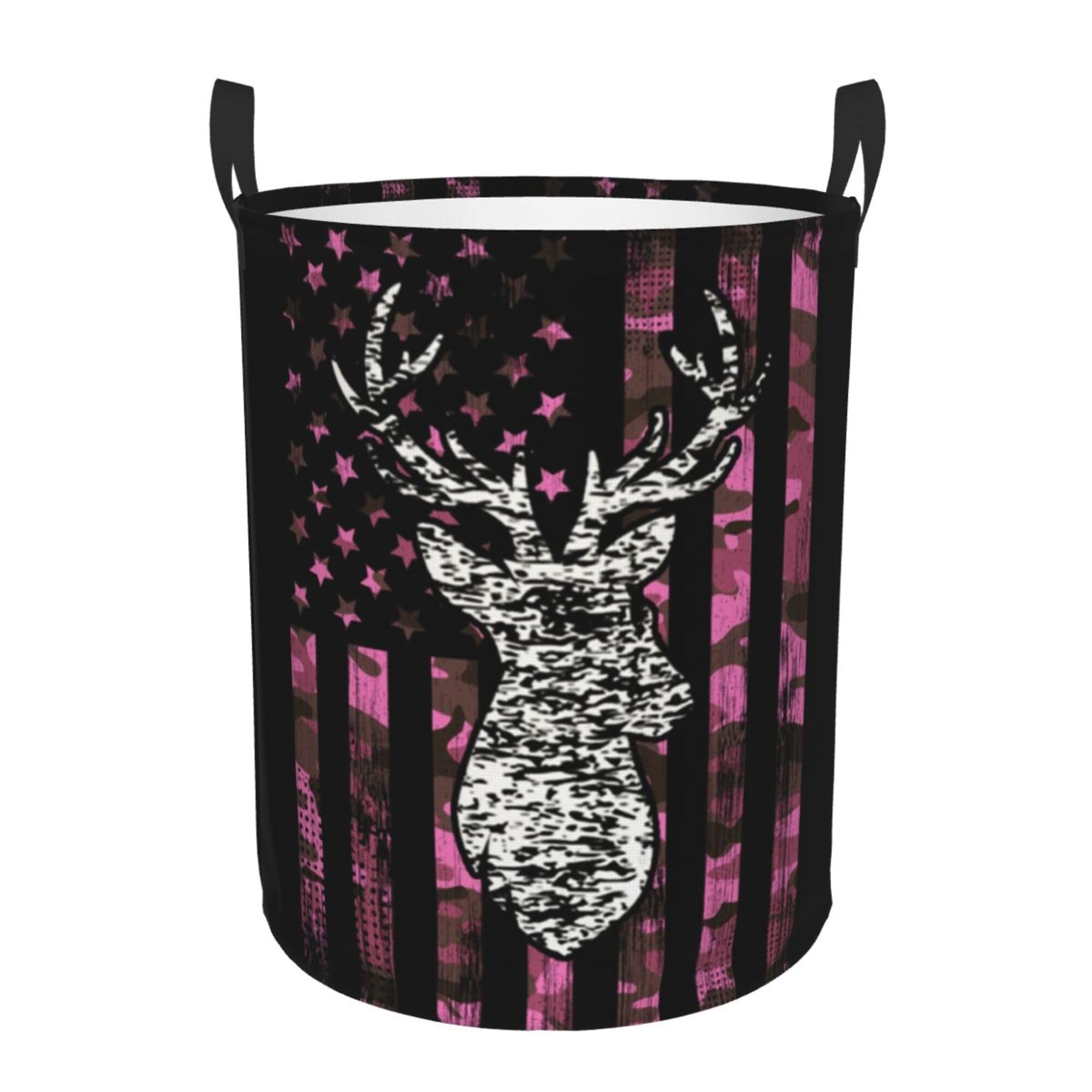 Laundry Hamper Compatible With American Flag Camo Funny Deer Hunting Pink Camouflage Freestanding Collapsible Large Laundry Basket, Boys Girls Clothes Toys Laundry Hamper Basket