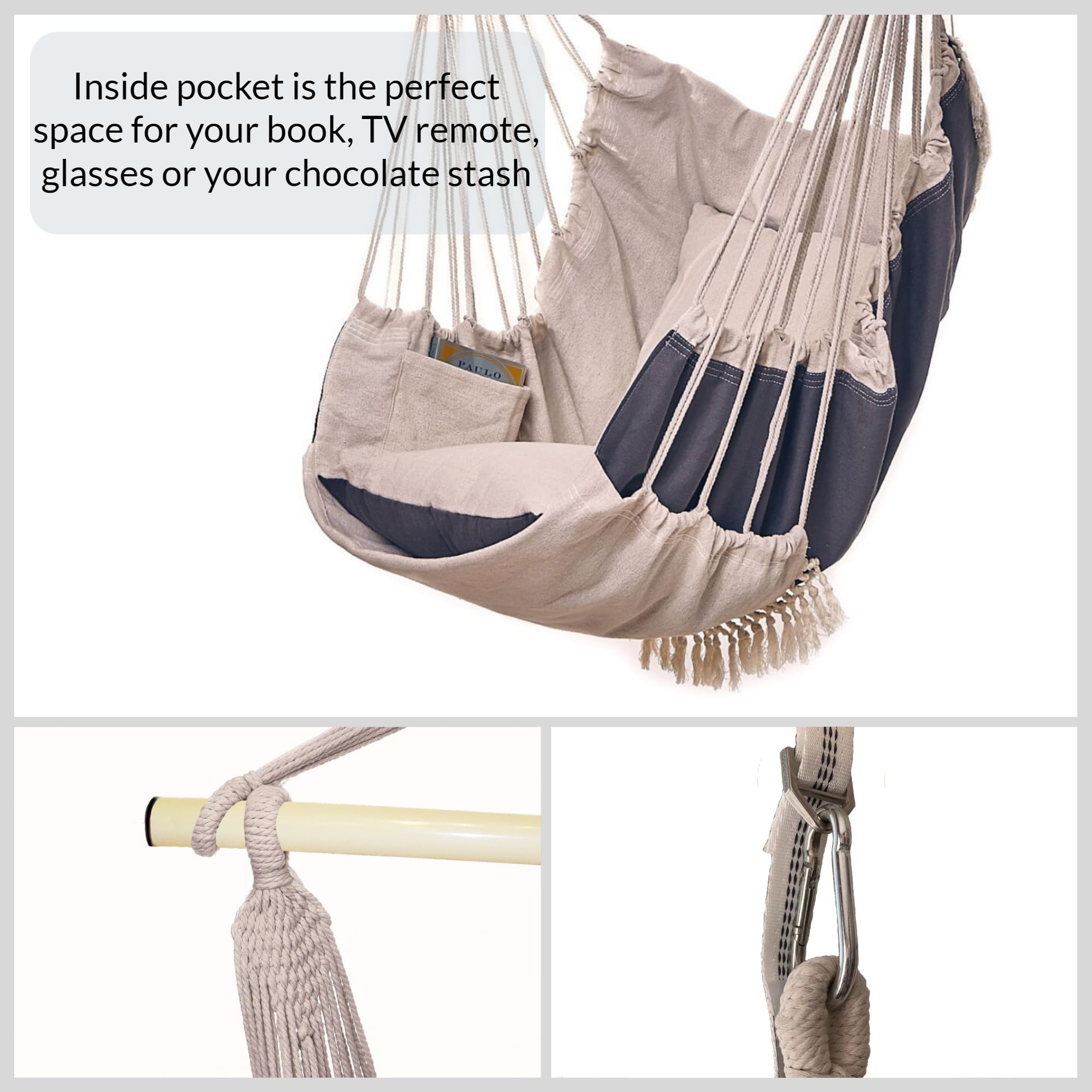 BDECORU Hanging Hammock Chair Swing - Outdoor & Indoor Hammock Swing Chairs for Outside or Inside of Home, Swing Hanging Chair with Footrest - Includes 2 Cushions, Bag, & Hanging Kit - Gray Beige