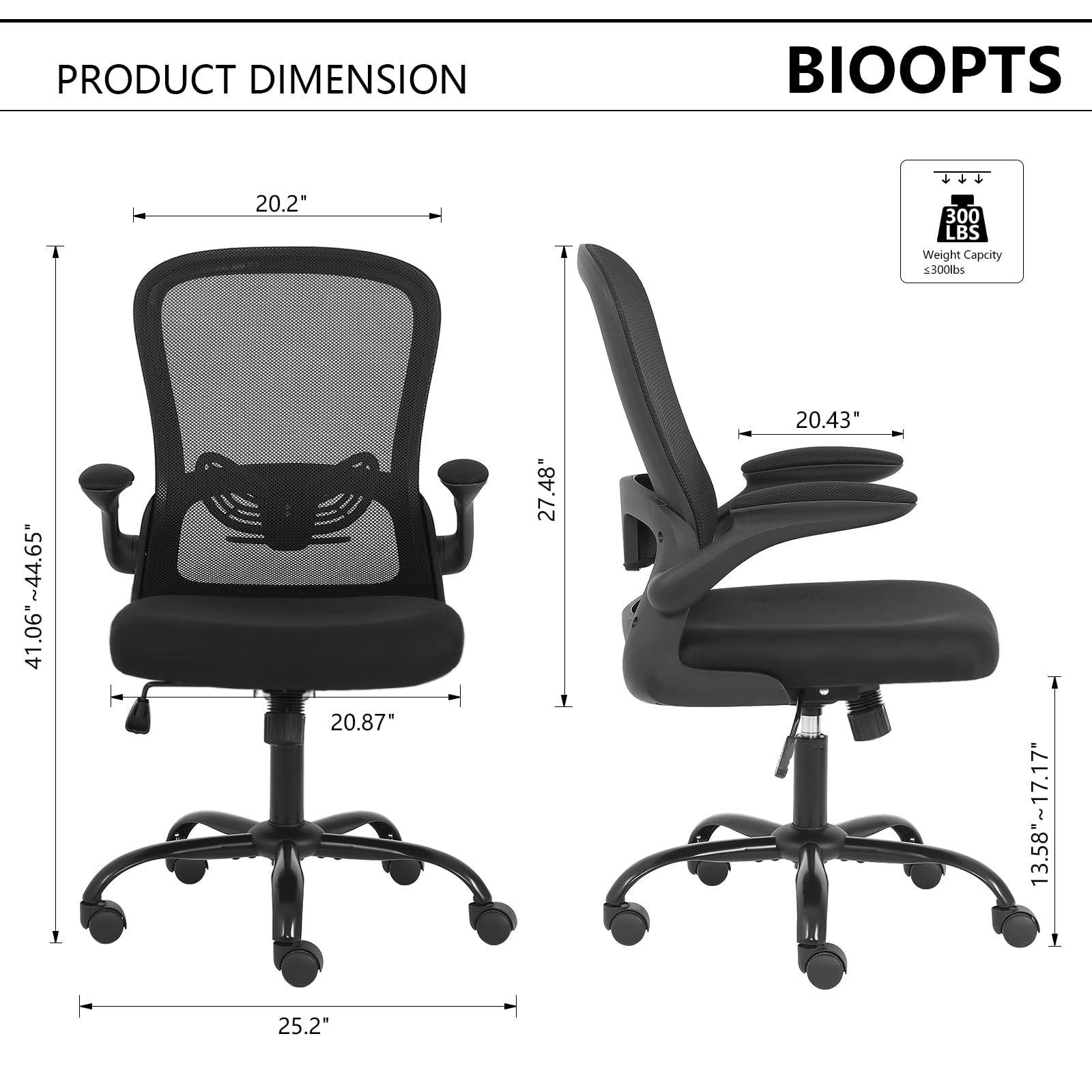 Bioopts Mesh Office Chair Ergonomic Gaming Computer Chair Flip Up Armrests Lumbar Support 360° Swivel Adjustable Height Reclining Angle