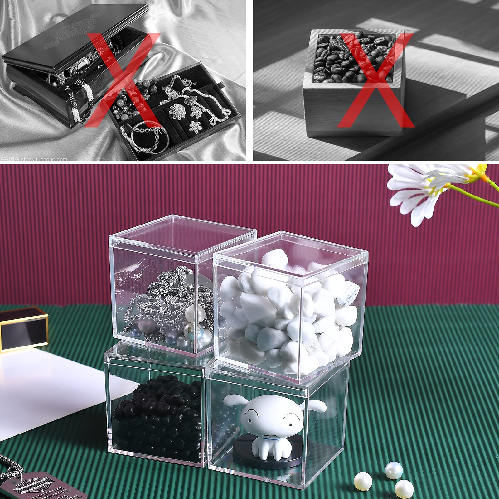 Dayaanee Small Acrylic Box Clear, 2Pcs Plastic Square Cube Containers with Lid Storage Box 2.2x2.2x2.2Inch/55X55X55mm for Candy Pill and Tiny Jewelry