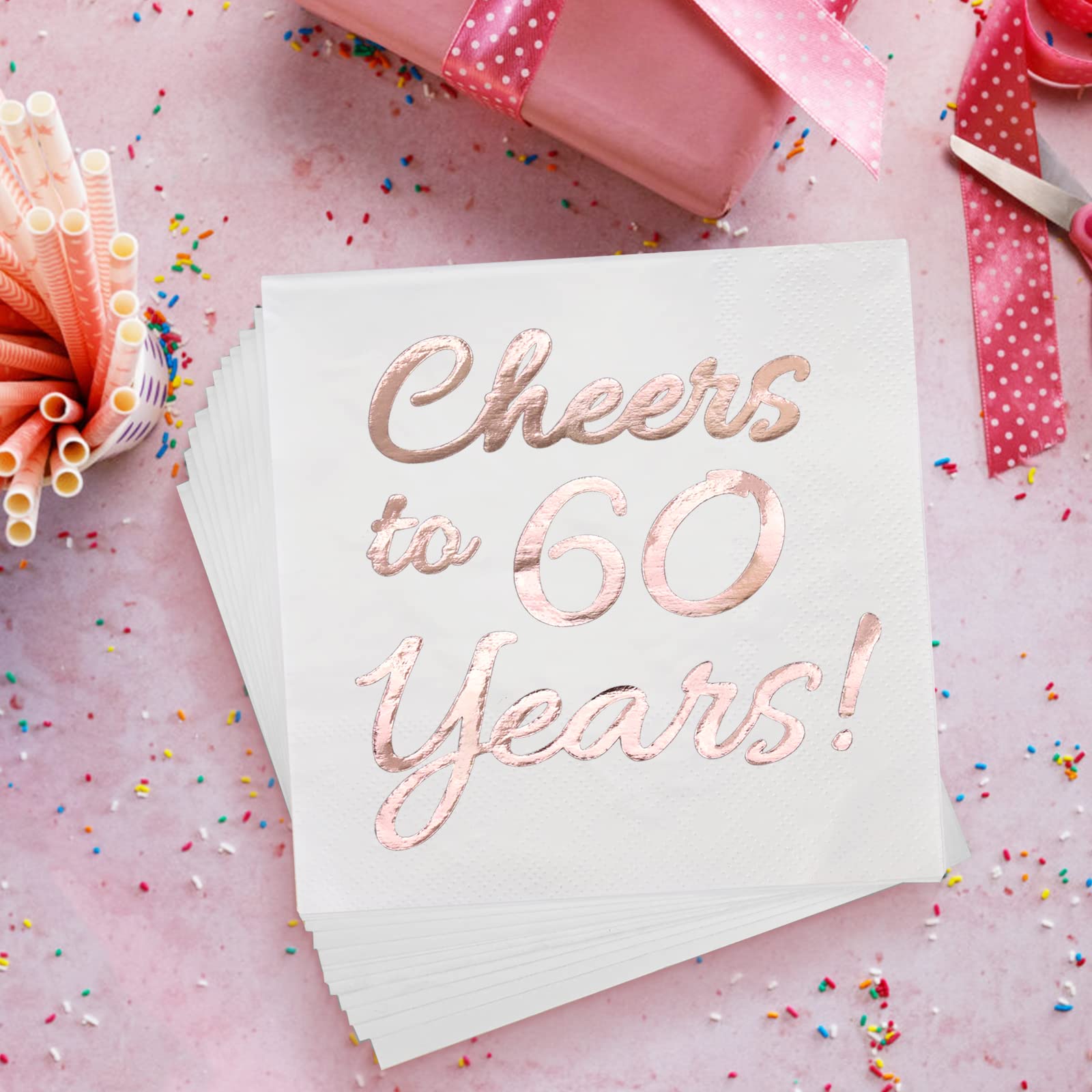 60th Birthday Decorations Women Party Supplies Cocktail Napkins Rose Gold 50 Pack 5"x 5" Folded Cheers to 60 Years! (60)