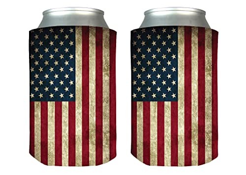 Rustic USA Flag Collapsible Beer Can Bottle Beverage Cooler Sleeves 2 Pack Gift Set