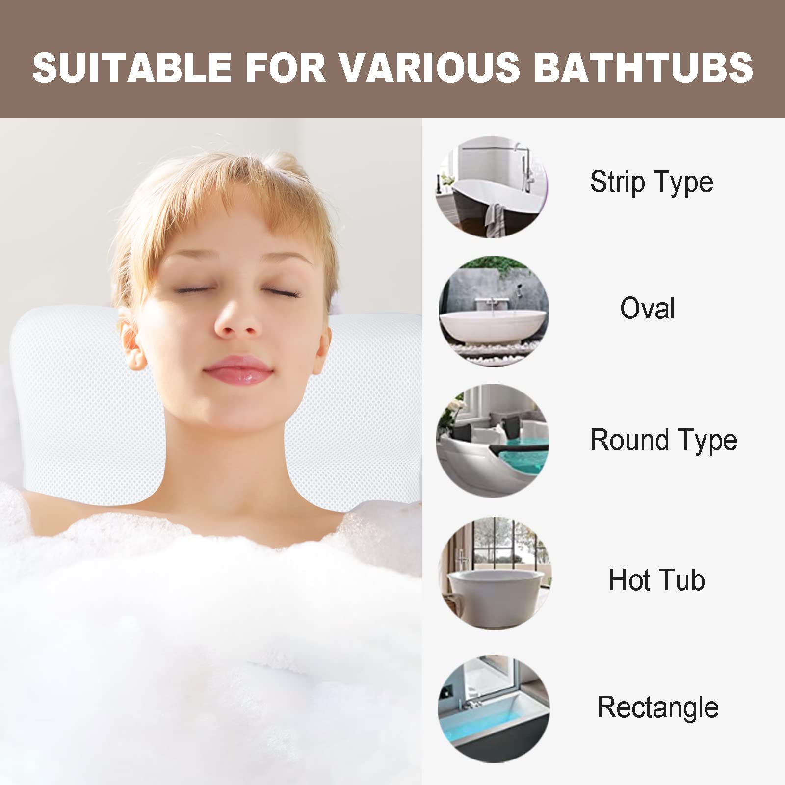 Bath Pillows for Tub,Comfortable Bathtub Pillows for Tub Spa,Neck and Back Support with Non Slip Suction Cups Bath Pillow,3D Ergonomic Air Mesh Headrest Cushion with Cover