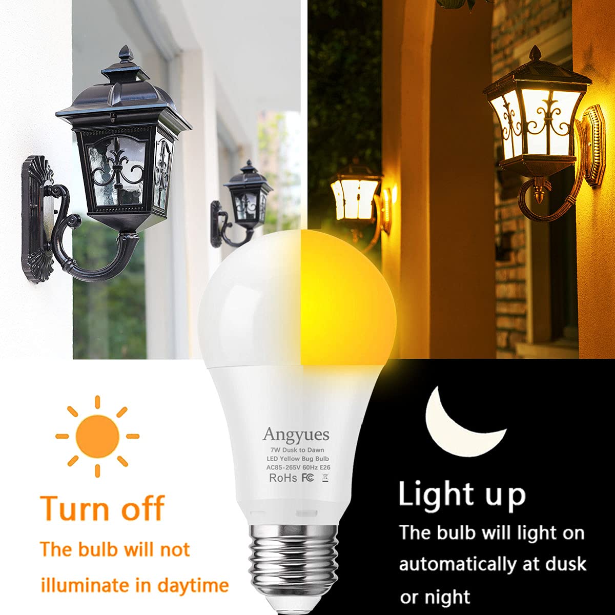 Angyues Yellow Bug Light Bulbs Outdoor, Dusk to Dawn LED Bug Light Bulbs 7W Sensor Bulb 2000K Amber Glow, E26 Automatic On/Off, Used in Corridors, Decks, Courtyards, Terraces, etc, 4 Pack