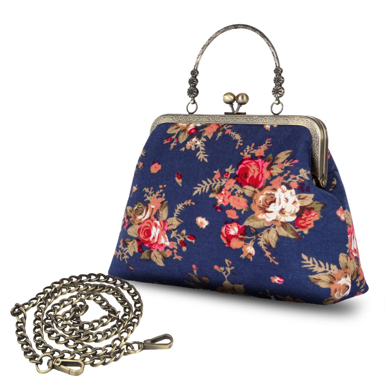 Arnosoar Floral Top-Handle Handbag Kiss Lock Evening Bag Women Canvas Shoulder Bag Dark-blue