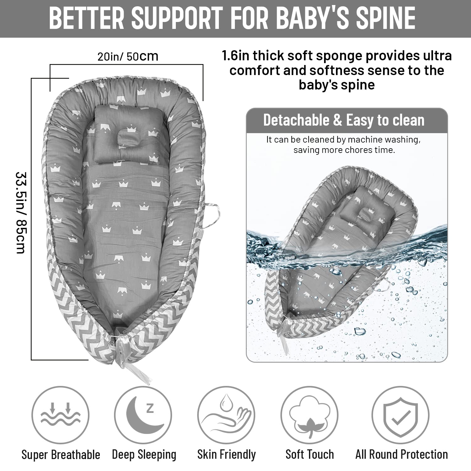 Baby Nest Co-Sleeping Lounger, Portable and Comfortable Nest for Baby, Nest for Baby, Co-Sleeping Bed (0-12M) (Grey Wave Crown)