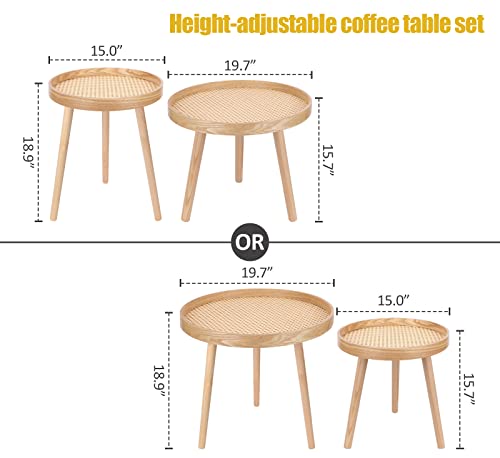 Round Coffee Table Set of 2, Natural Boho Coffee Table, Small Mid Century Modern Rattan Coffee Table, Boho Side Table End Tables for Living Room Bedroom Office Balcony