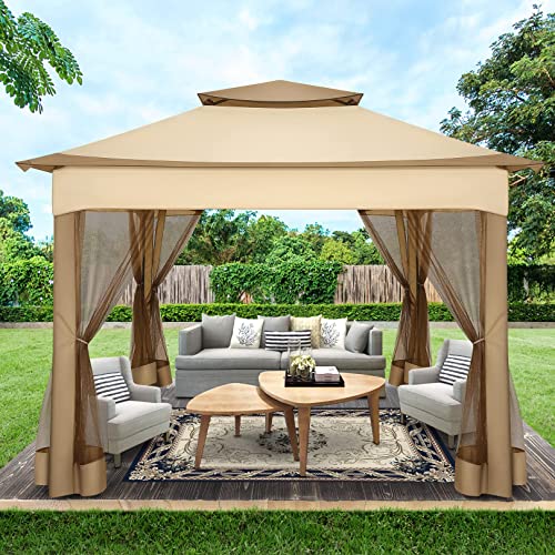 COBIZI Pop Up Gazebo Patio Gazebo Outdoor Gazebo with Mosquito Netting 11x11 Outdoor Canopy Shelter with Double Roof Ventiation 121 Square Feet of Shade for Lawn, Garden, Backyard and Deck, Khaki
