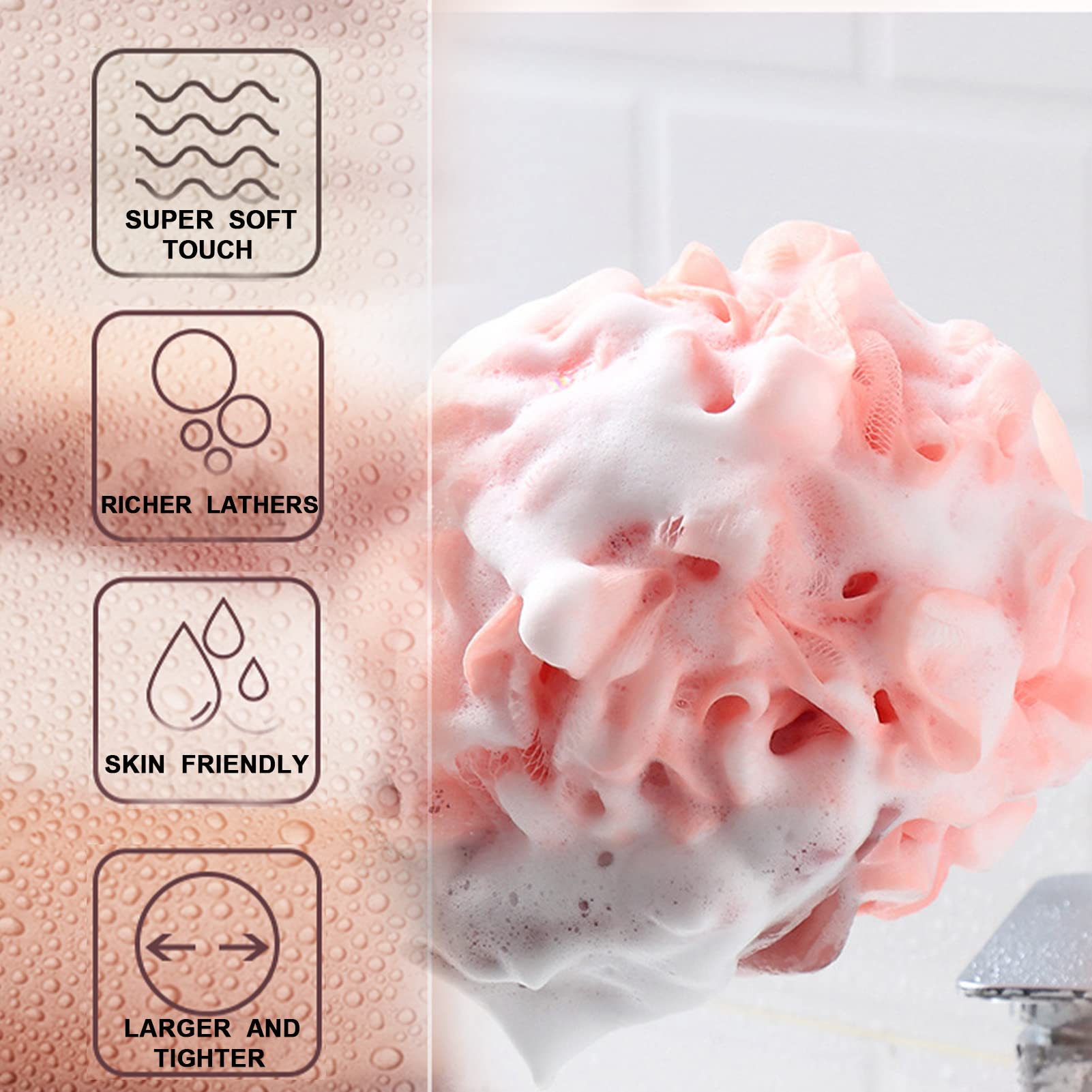Bath Sponge with Hook, 4 Pack Shower Loofah Soft Mesh Shower Puff Body Wash Loofah Sponge Exfoliating Scrubber, Beauty Bathing Accessories