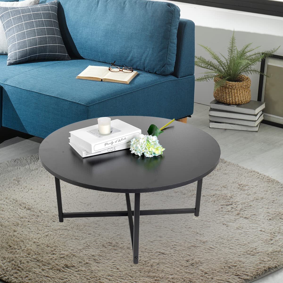Round Coffee Table Modern Coffee Table Sofa Table Tea Table for Living Room, Office Desk, Balcony, Wood Desktop and Metal Legs,23.6inch Black