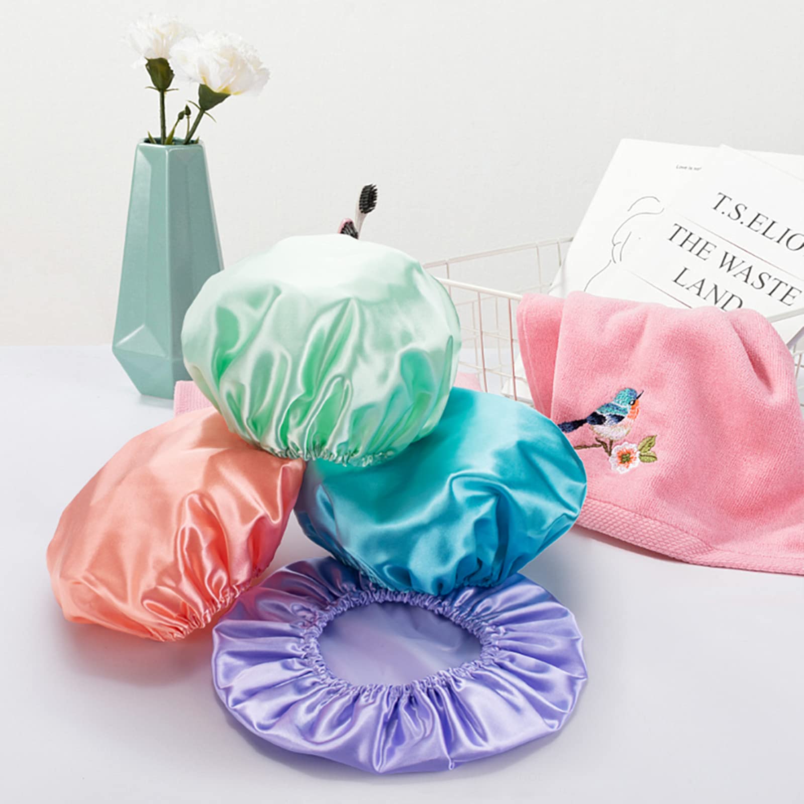 AmazerBath Shower Caps for Women Reusable Waterproof, 4 Pack Women Shower Caps Reusable EVA Hair Cap for Shower Double Protection Layers Elastic, Medium Size