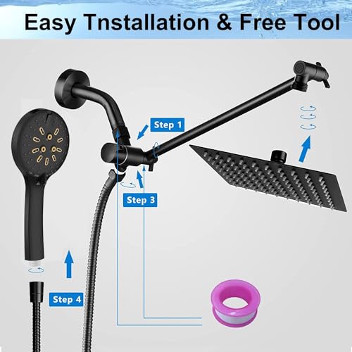 AWAXFOLO 12'' High Pressure Square Shower Head with 6-Function Adjustable Spray Handheld, 13'' Extension Arm, 78'' Hose, Water Temperature Reminder, Matte Black