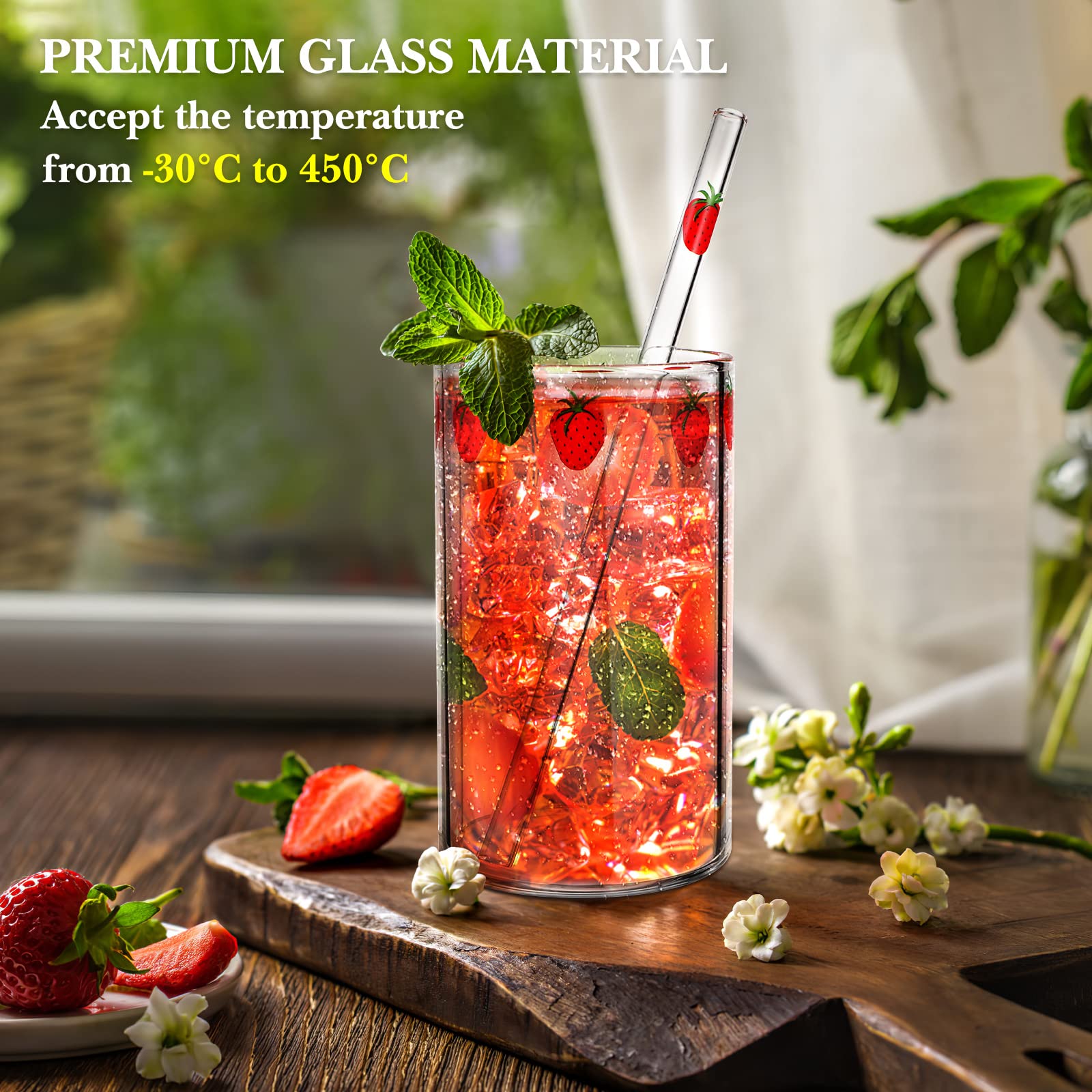 Alipis Glass Water Cup Strawberry Pattern Drinking Cup, Glass Milk Bottle with Straw, Clear Glass Tea Cup Juice Mug for Beverage Beer