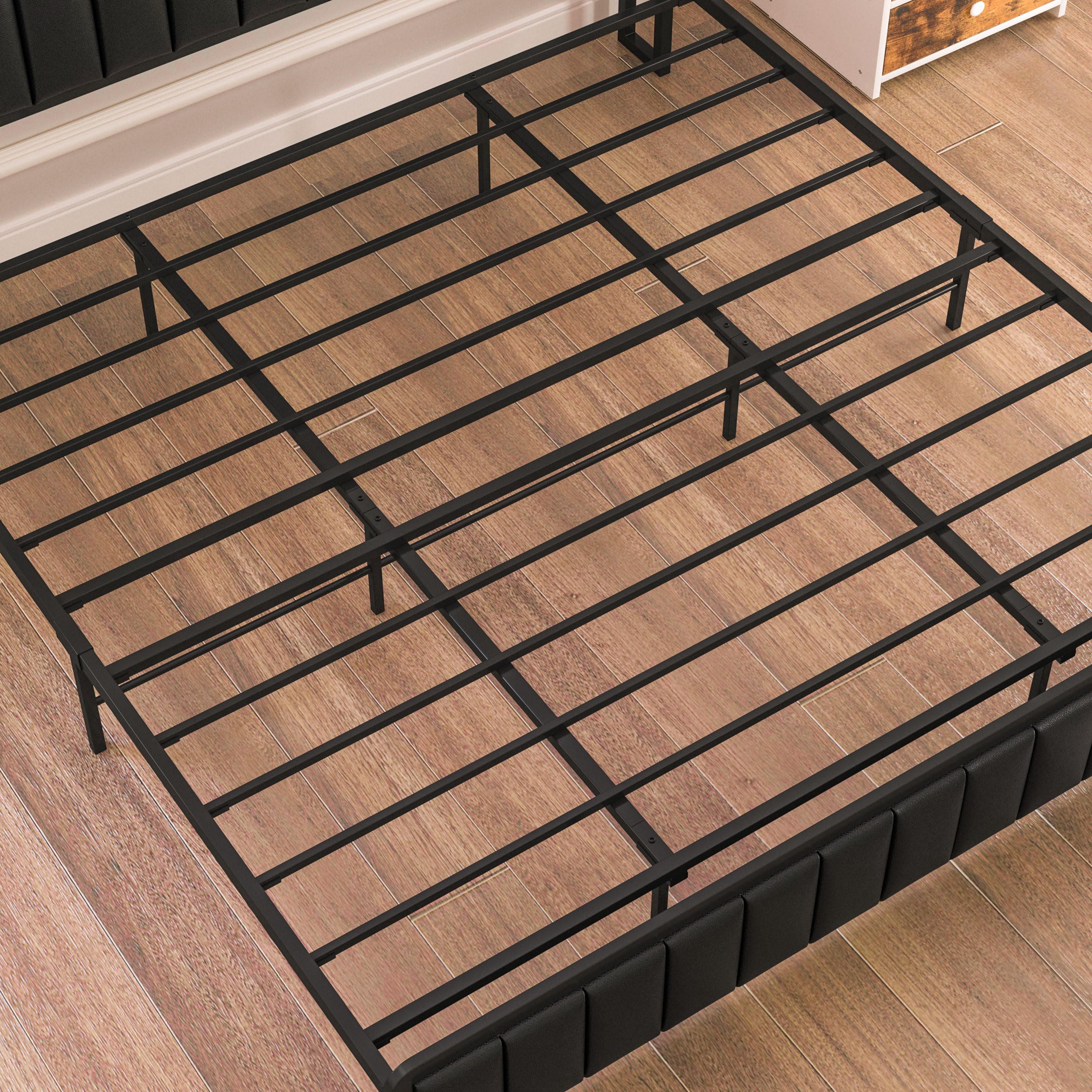ANCTOR King Size Bed Frame with Upholstered Headboard and LED Light, Strong Platform Bed with Charging Station,No Box Spring Needed