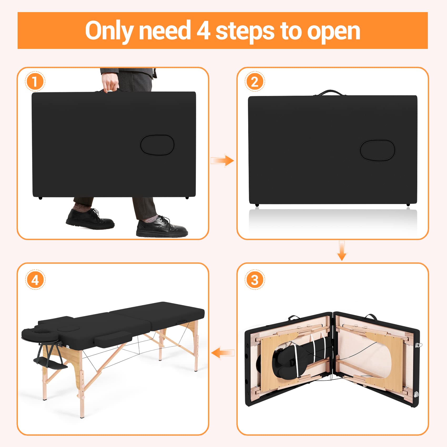 Aufvolr Professional Massage Table with Carrying Case, 84" Portable 2 Wooden Folding Massage Bed, Spa Bed Adjustable Height Salon Bed Face Cradle Bed Tattoo Bed Lash Bed for Eyelash Extensions