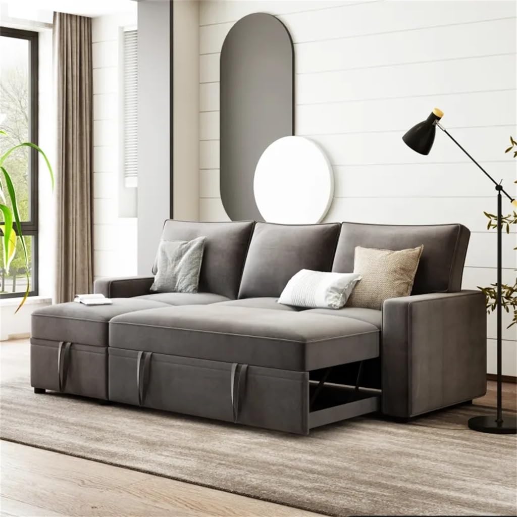 APAINI 82.1" Reversible Sectional Sofa with 2 Pull-Out Sleepers, Space Saving Functional Sofa Bed, Chaise with Loveseat,Grey