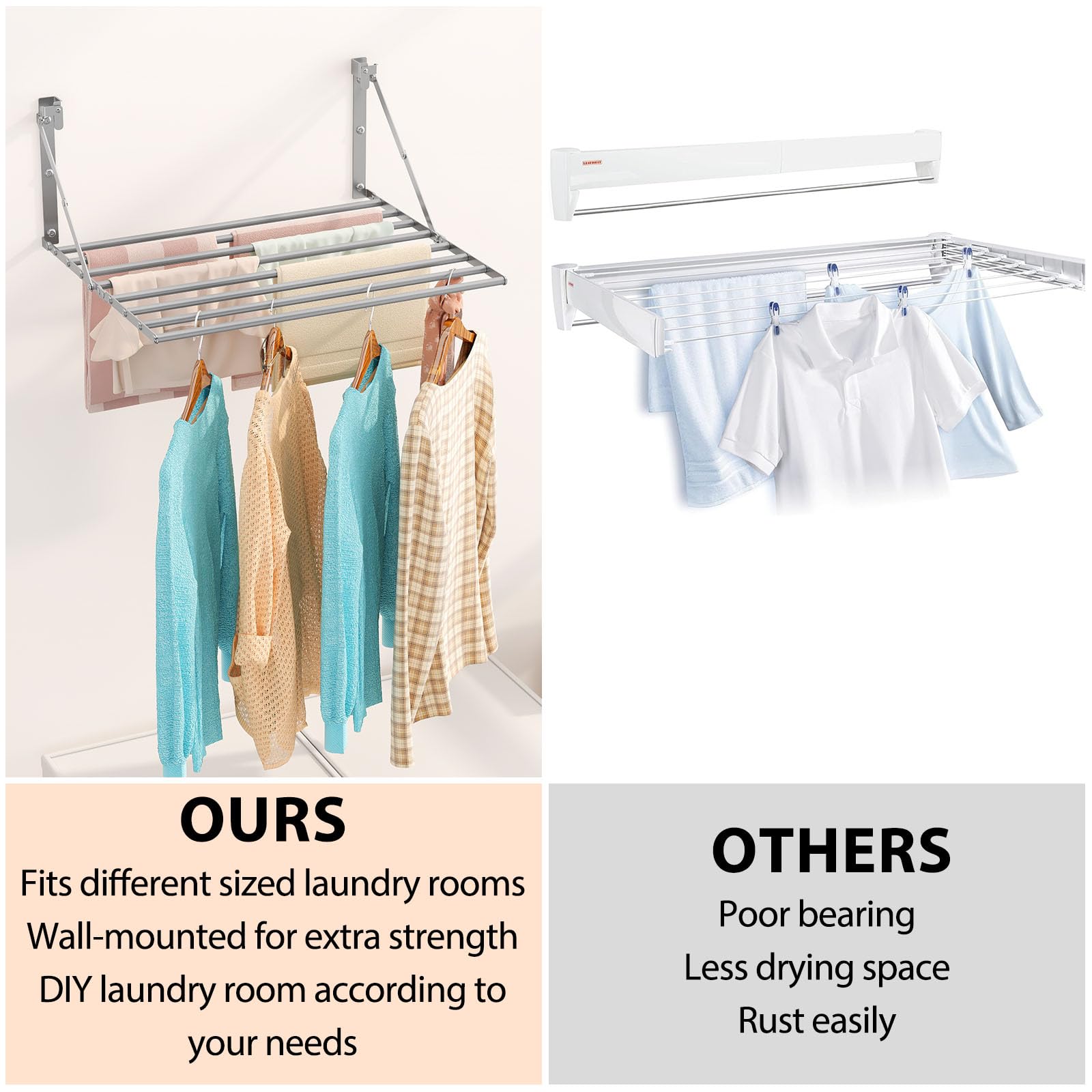 Bigzzia Wall Mounted Clothes Drying Rack, 24Inch Foldable Stainless Steel Drying Rack Clothing, 50 LB Capacity, Space Saver Laundry Rack with 8 Hanging Rods -Silver