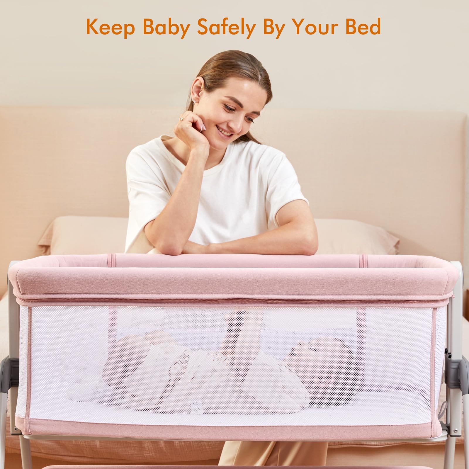 ANGELBLISS Baby Bassinet Bedside Sleeper with Gel Memory Mattress Topper, Easy Folding Portable Bassinet for Baby with Wheels, Mattress with Removable Cover