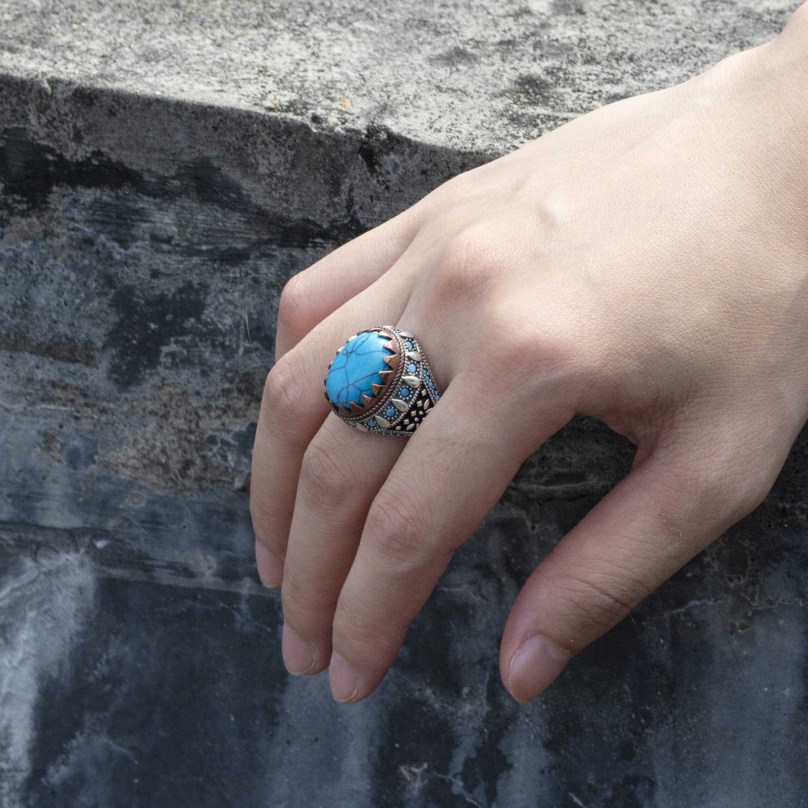 AROTOROM Turquoise Stone 925 sterling silver ring with Oval Sky Blue Stone Ring Life Track Significance Turkish Handmade Jewelry (Size 10)
