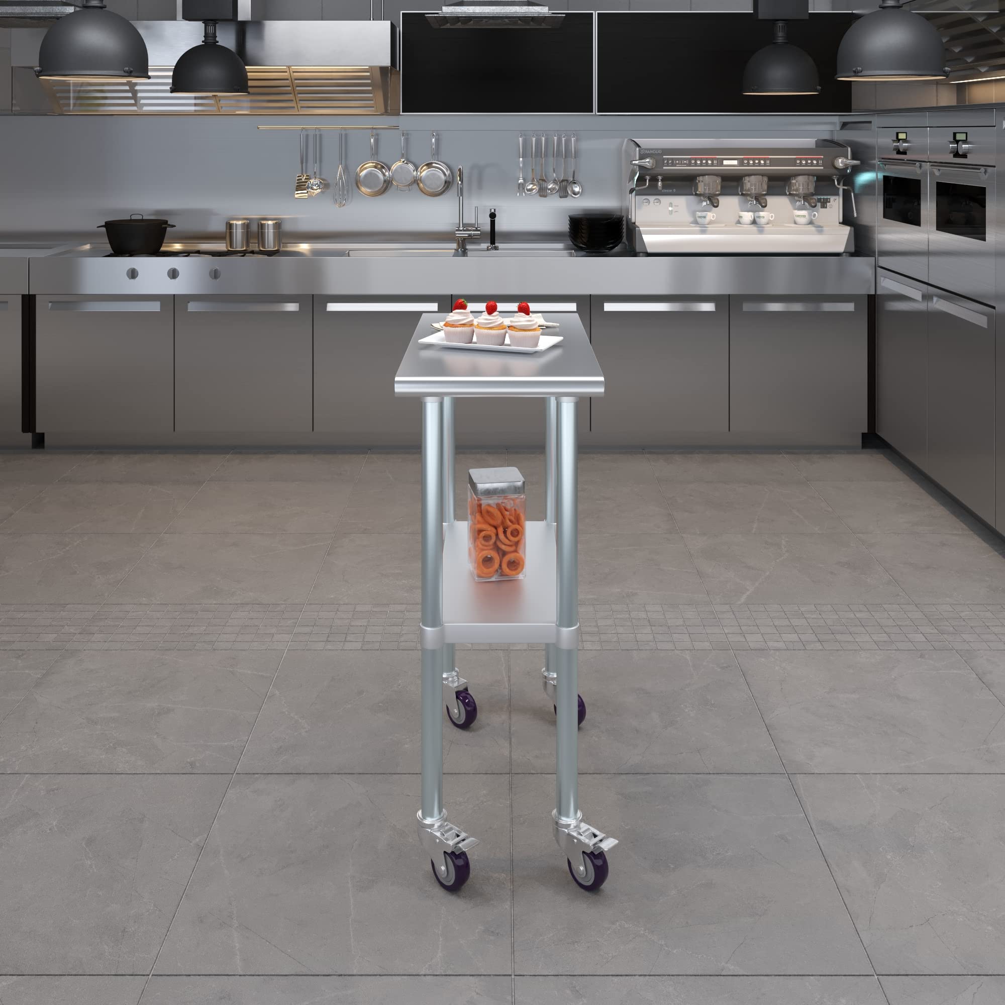 AmGood 30" x 15" Stainless Steel Work Table with Casters | Heavy Duty Metal Utility Table On Wheels | Kitchen Island Cart