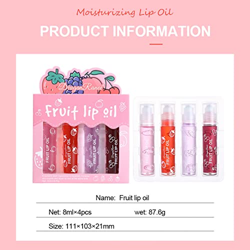 Alisesun 4 Pcs Fruit Roll-on Lip Gloss Set, Clear Lip Gloss Crystal Jelly Liquid Lipstick, Plumping Lip Oil Moisturizing Hydrating Non-Sticky, Nice Gift for Women Girl
