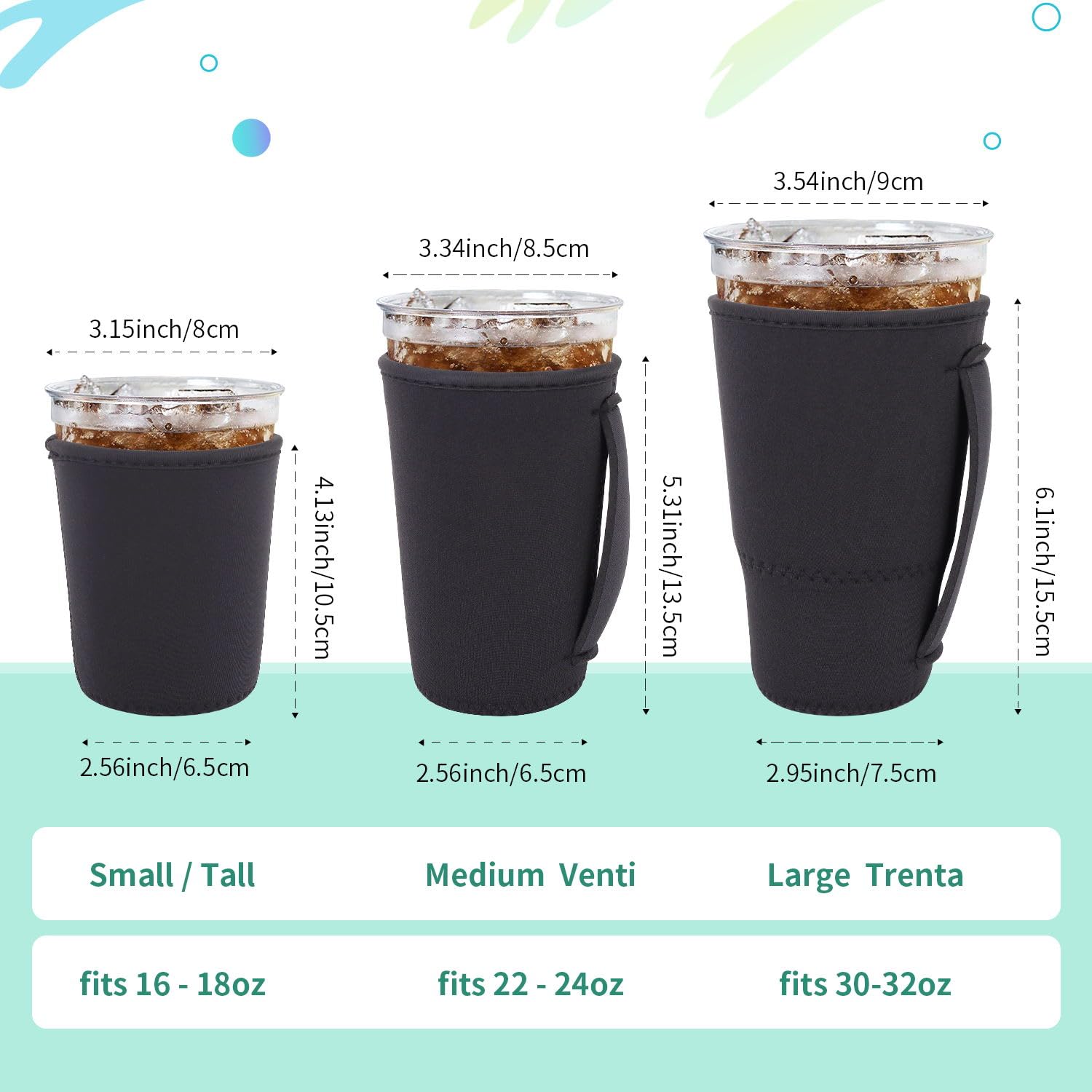 AJLTPA Iced Coffee Sleeve Insulator Sleeves for Cold Drinks Beverages, 3 Pack Reusable Neoprene Cup Sleeve with Handle for 16-32oz Coffee cups(Black)