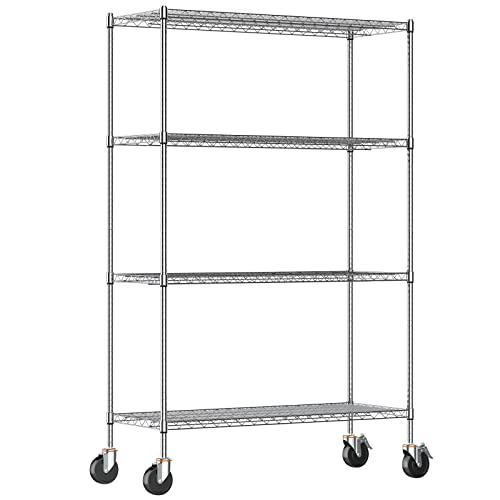 Raynesys Wire Shelving with 4" Wheels, 2400Lbs Heavy Duty 4-Tier Shelving Metal Shelves, 48x18x72in Steel Wire Storage Shelf Commercial Grade Adjustable Utility Rack for Garage, Kitchen, Chrome