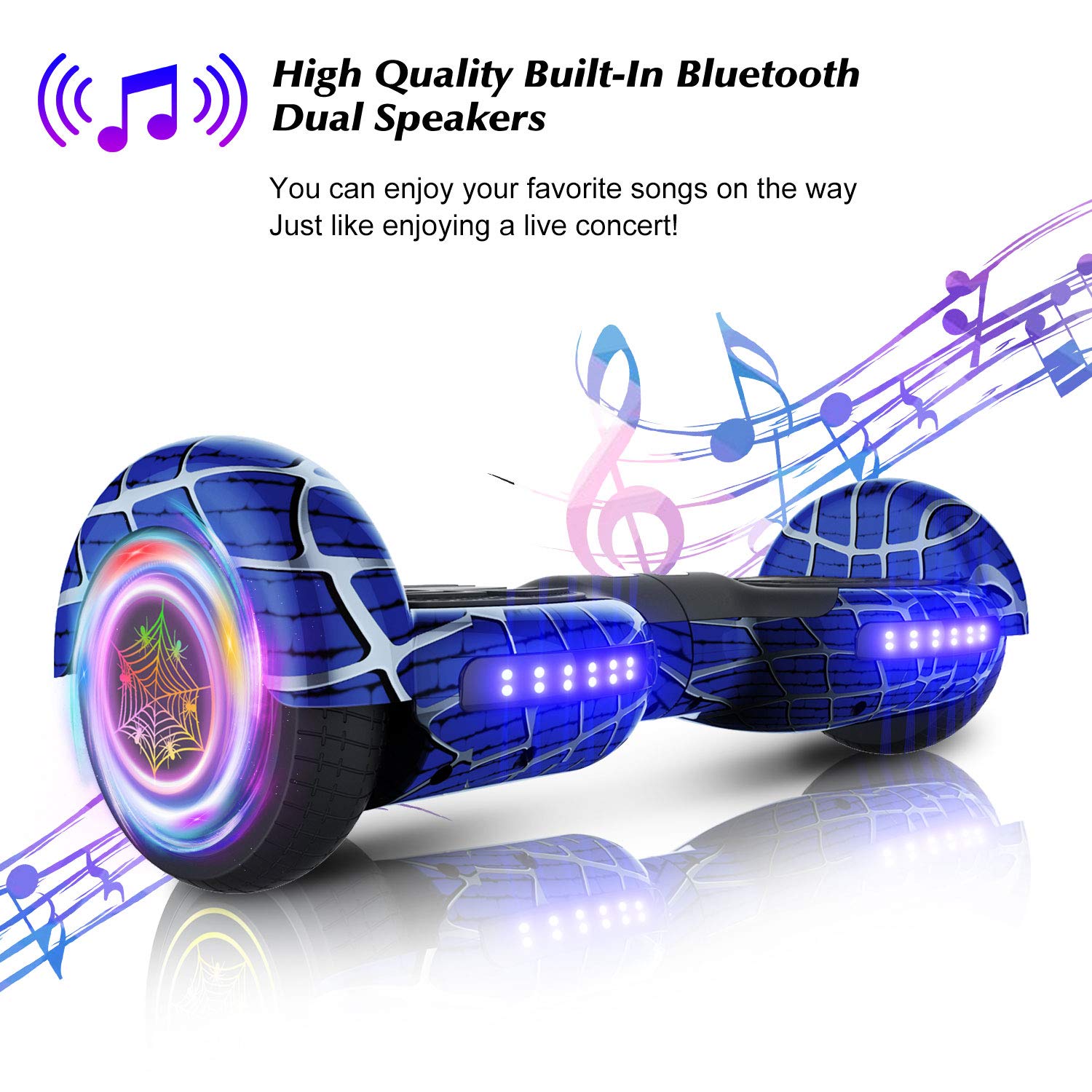 EMAXUSA, Spider-Pattern Hoverboard for Kids Ages 6-12, with Bluetooth Speaker and LED Lights 6.5" Hover Board, UL2272 Safety Certified (Blue)