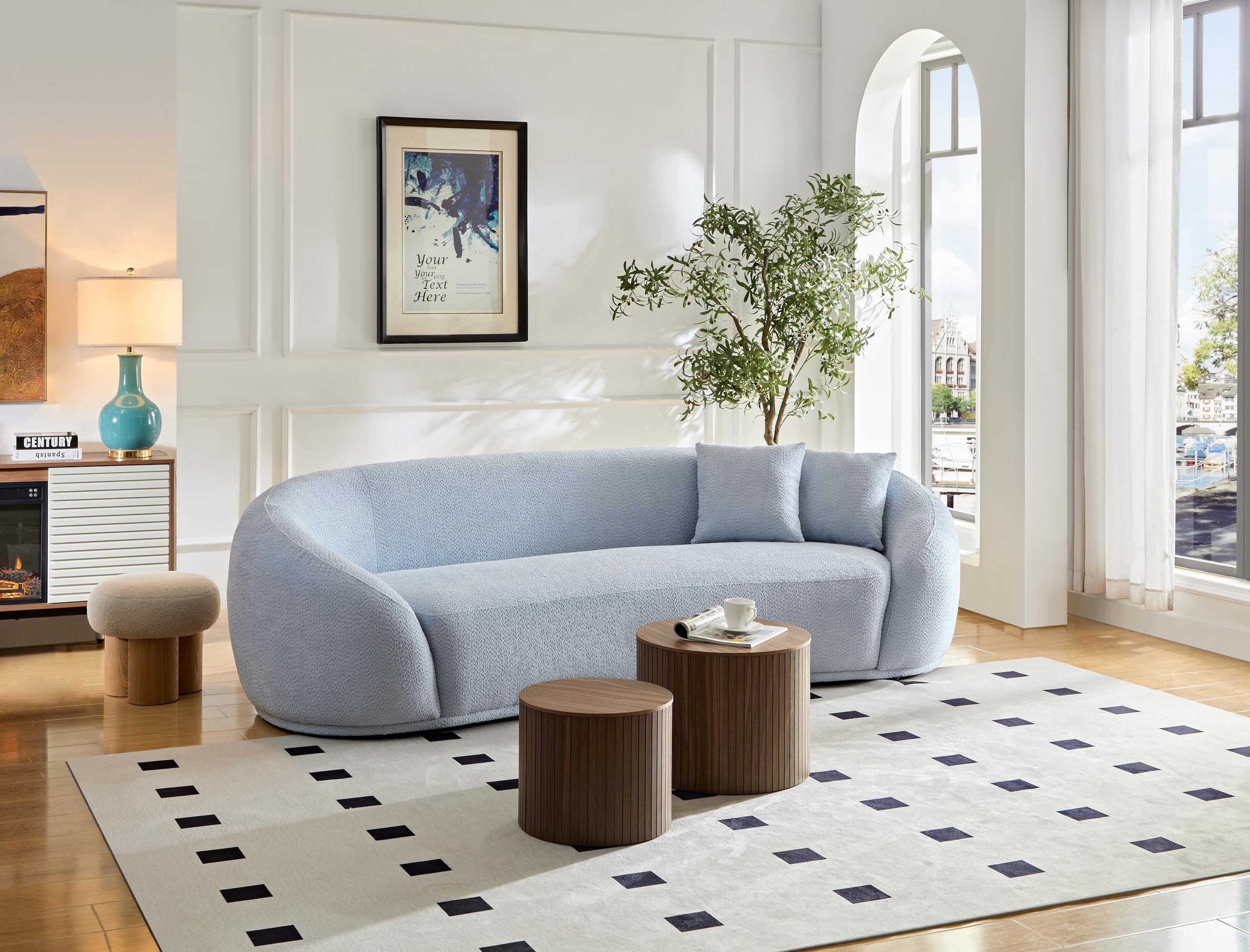 WAKEEPING 103" Modern Curved Sofa, Back Upholstered Boucle Couch with 2 Throw Pillows, 3-Seat Boucle Fabric Couch for Living Room, Office, Apartment (White, 103")