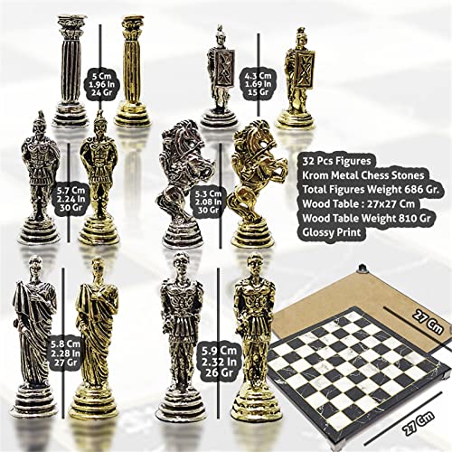 ARRGO Metal Chess Set with Shield Medieval Roman Soldier Collection Figured Antique Set Gray and Bronze Stones 27x27 CM Wooden Table