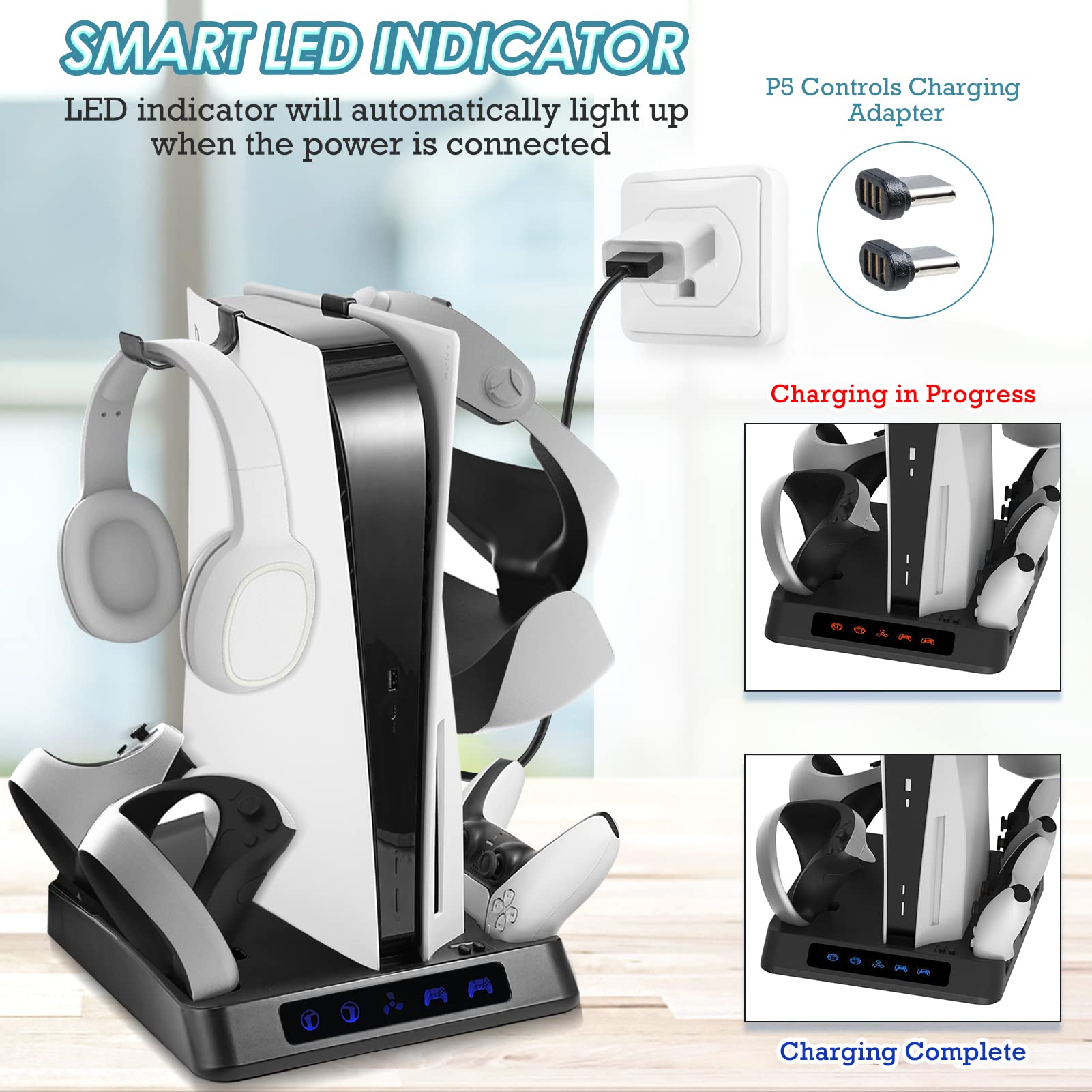 Augot Latest Charging Stand for PS5 and PSVR2 Multi-Functional Vertical Stand with Cooling Fan and Dual Controller Charging Station, Charge, Cool, Showcase and Display Your PS5 PSVR2, Born for Games