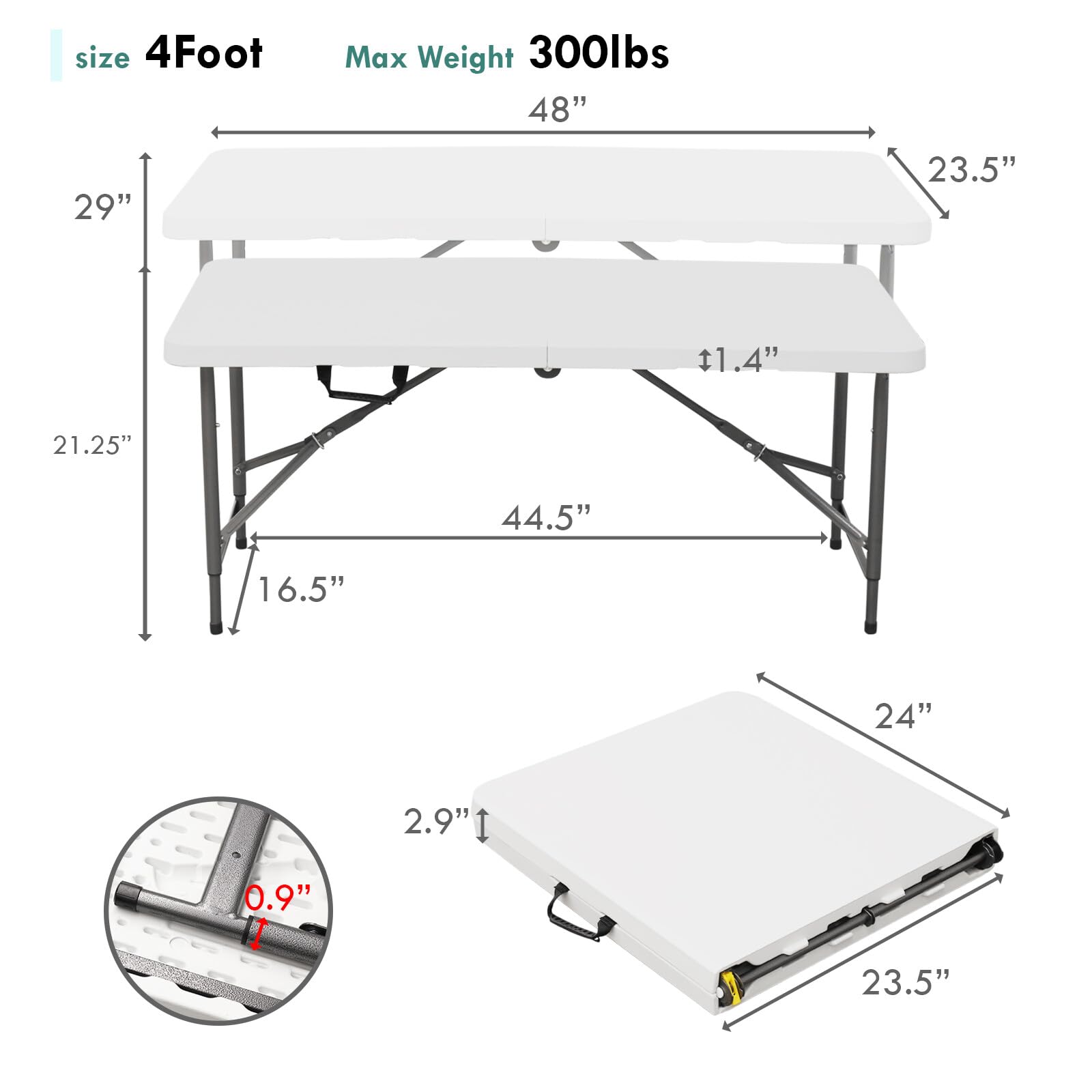 AJP Distributors 4 Foot Portable Plastic Folding Table 4FT 48" Half Foldable Heavy Duty Top w/Carry Handle - Indoor Outdoor Backyard Camping Picnic BBQ Party Wedding Dining Office Event Meeting White