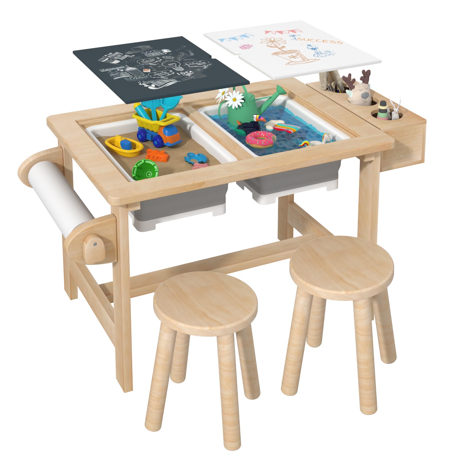 Beeneo Sensory Table for Toddlers, Kids Table with 2 Storage Bins, Multifunction Toddler Activity Table, Wooden Play Table for Kids, Sand and Water Table with Writable Lids