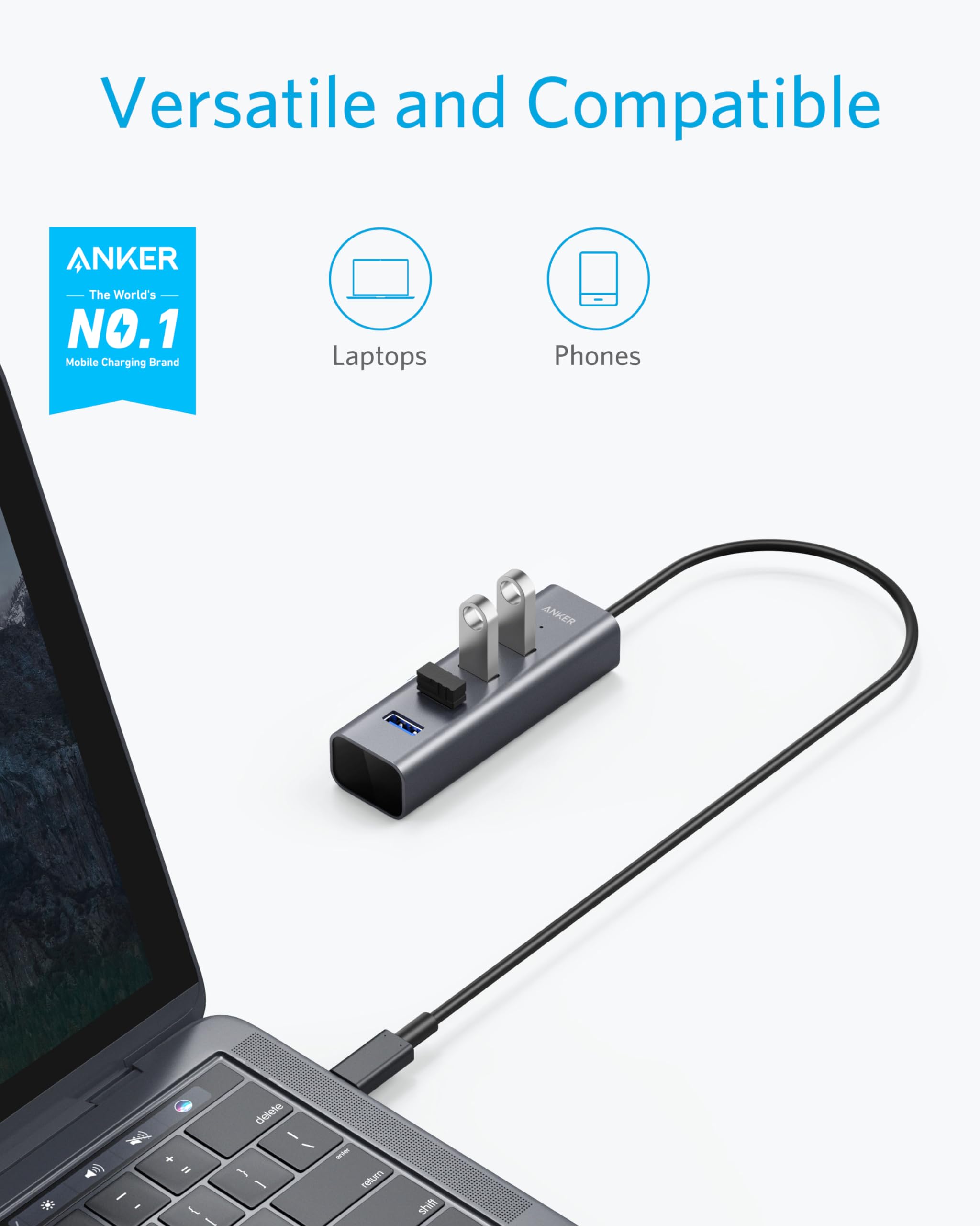 Anker USB C Hub, Aluminum USB C Adapter with 4 USB 3.0 Ports, for MacBook Pro 2018/2017, ChromeBook, XPS, Galaxy S9/S8, and More