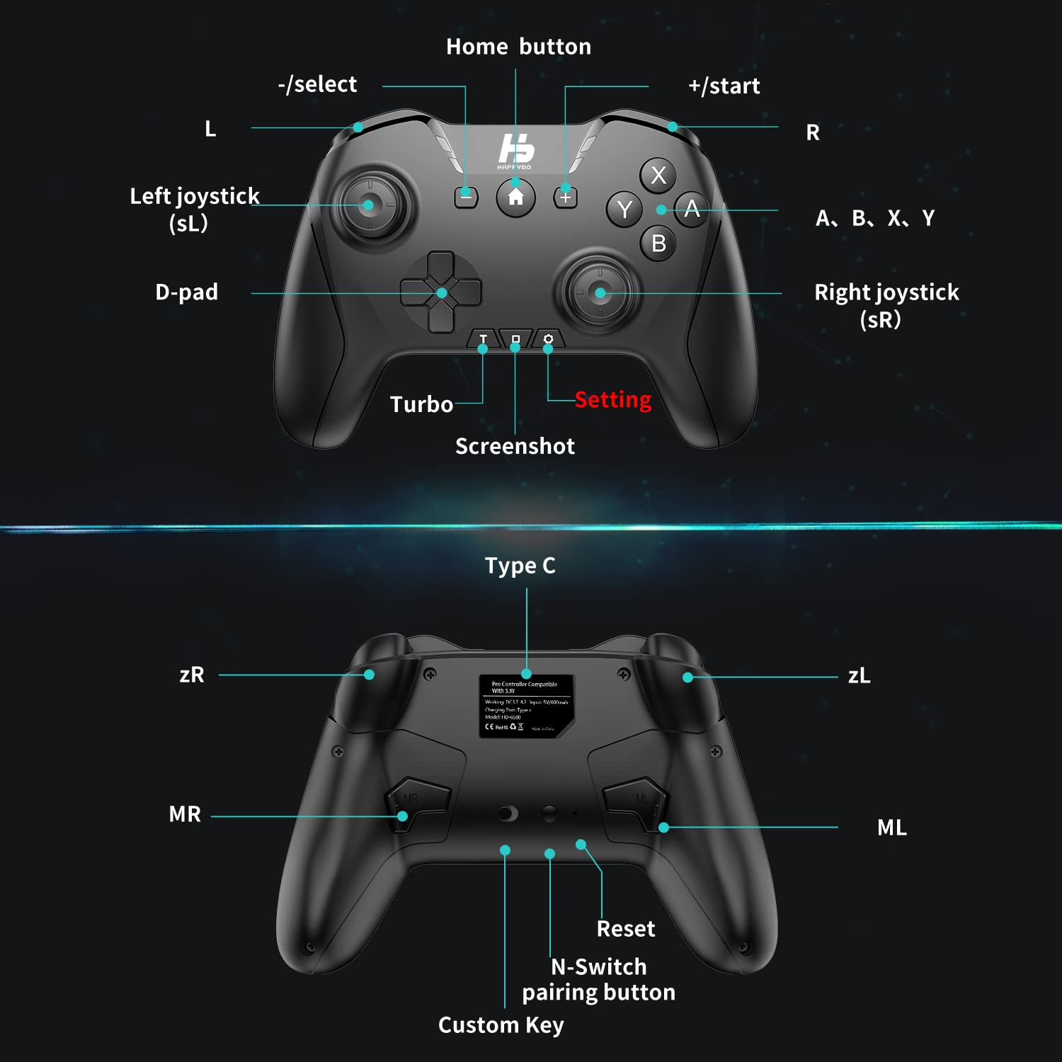 HAPPYDO Wireless Game Controller for Nintendo Switch/Switch Lite/PC/Phone/Ipad, Rechargeable Remote Bluetooth Gamepad with Joystick with Ergonomic Non-Slip, Adjustable Turbo and Vibration