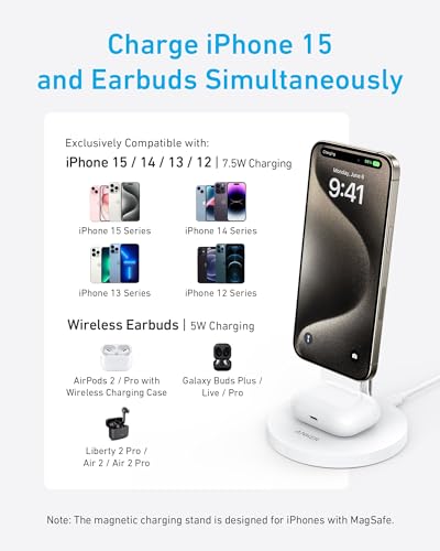 Anker Wireless, PowerWave 2-in-1 Magnetic Charging Stand Lite with USB-C Cable for iPhone 14/14 Pro/14 Plus/14 Pro Max/13/13 Pro /13 Pro Max, AirPods 2/Pro (No AC Adapter)