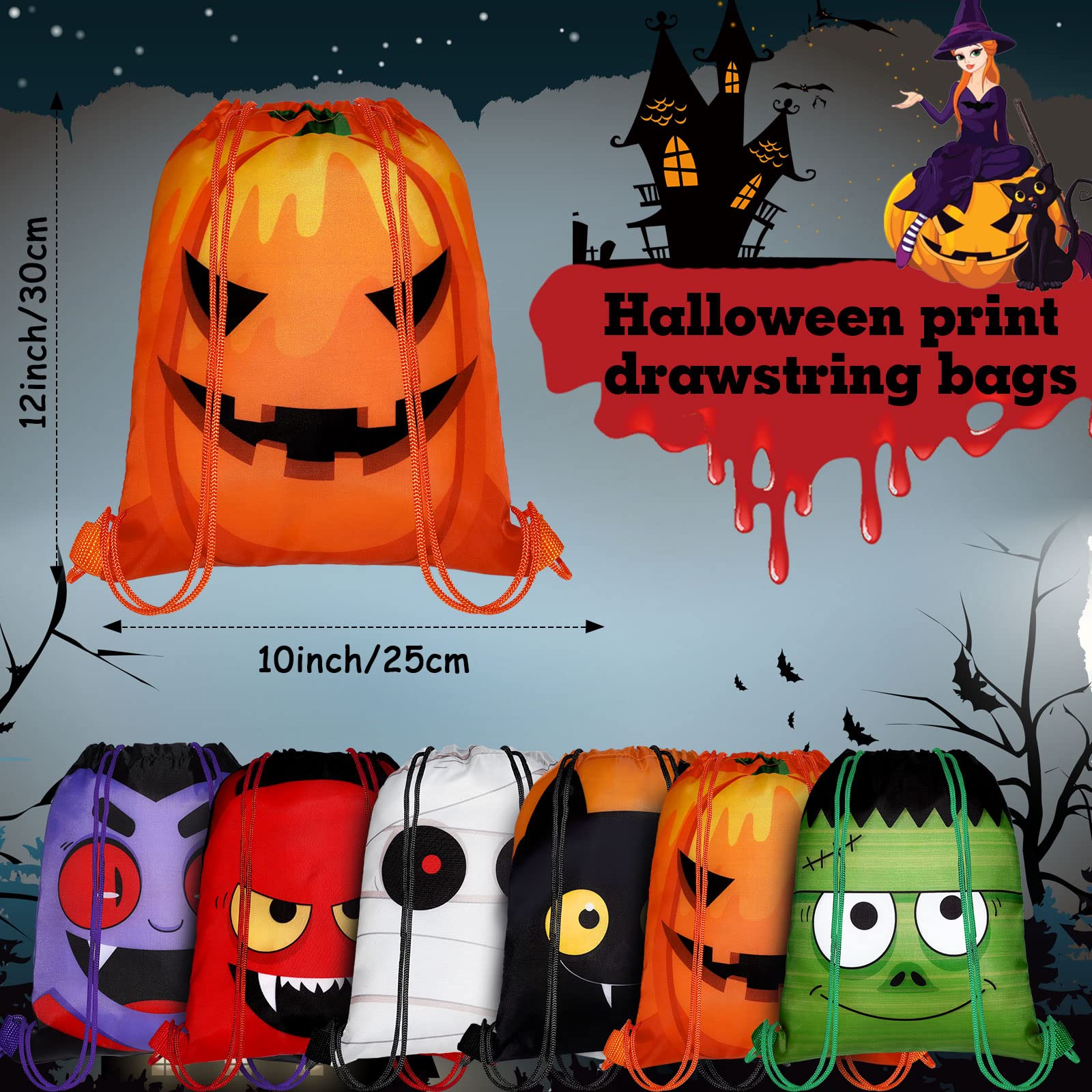 Shihanee 18 Pcs Halloween Drawstring Bags Set Halloween Drawstring Backpack Party Supplies Halloween Polyester String Sack Bags Bulk for Kids Party Favors Gift Wrap Bags, 6 Styles